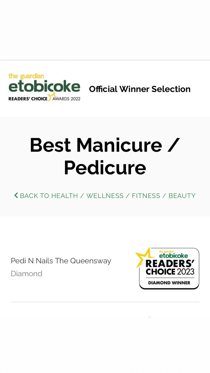Toronto Reader Choice Diamond Winner 2023 Pedicure Manicure